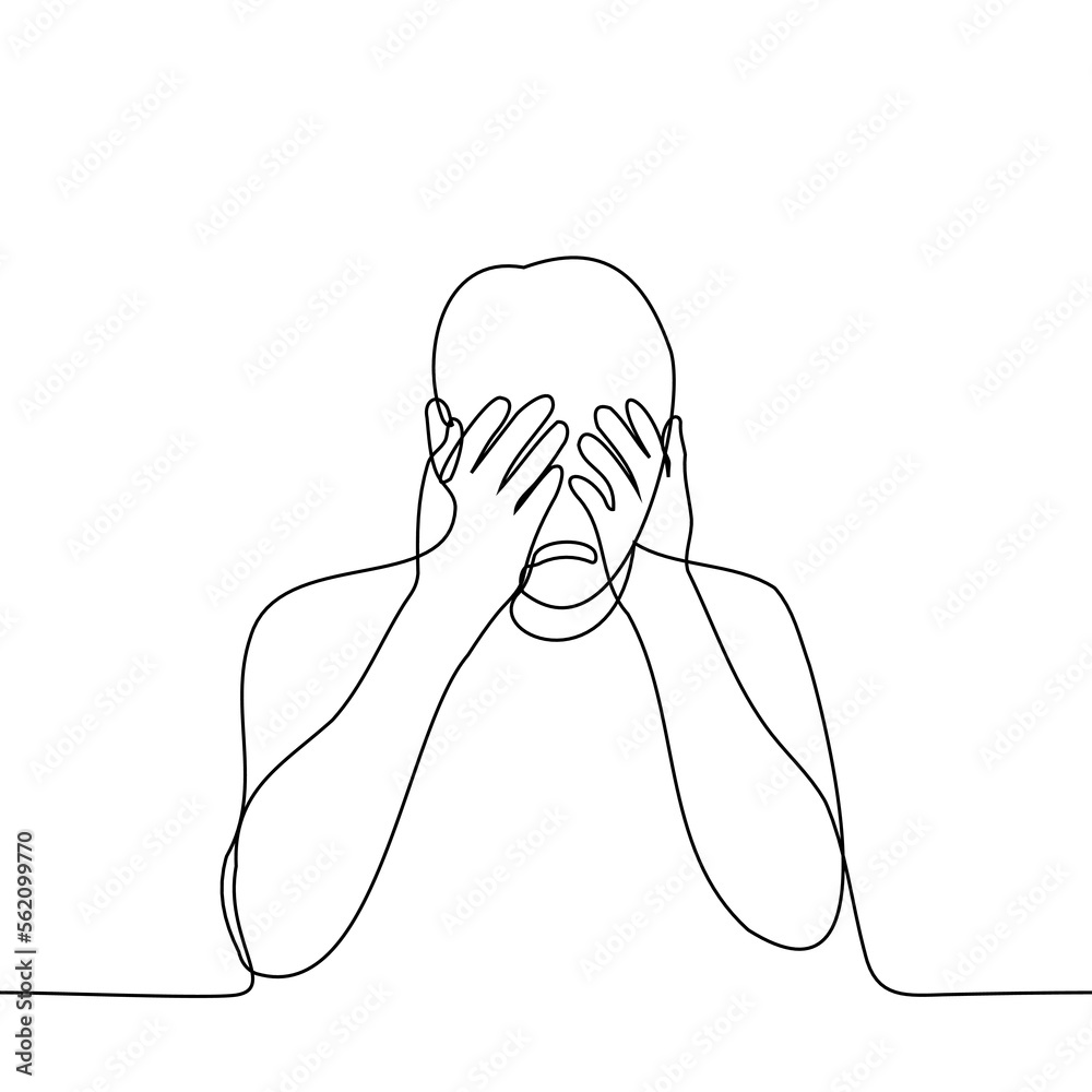 man crying covering his face with his hands - one line drawing vector ...