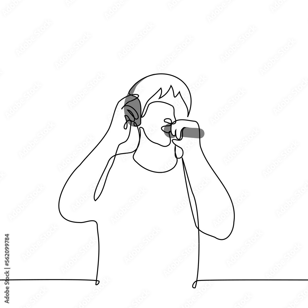 person in overhead headphones sings in a microphone - One Line Drawing ...