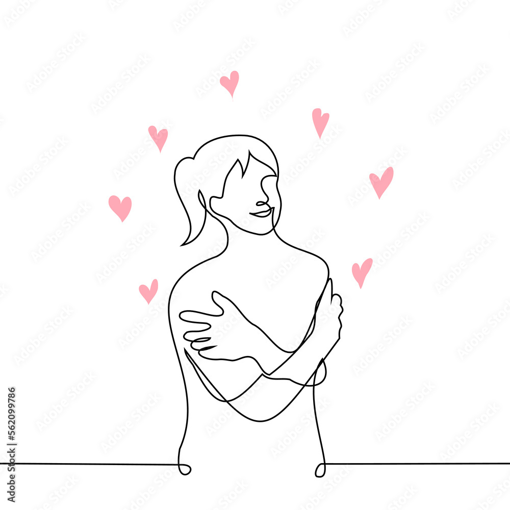 woman hugging herself smiling - one line drawing vector. concept ...