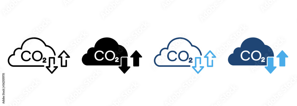 Carbon Dioxide Pollution in Air Line and Silhouette Icon Color Set ...