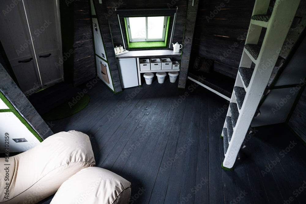 Wooden interior design. Living room of summer house. Pyramid shape ...