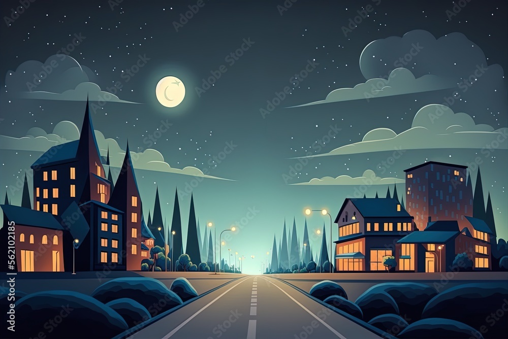 City at night, seen from a road lined with businesses and residences ...