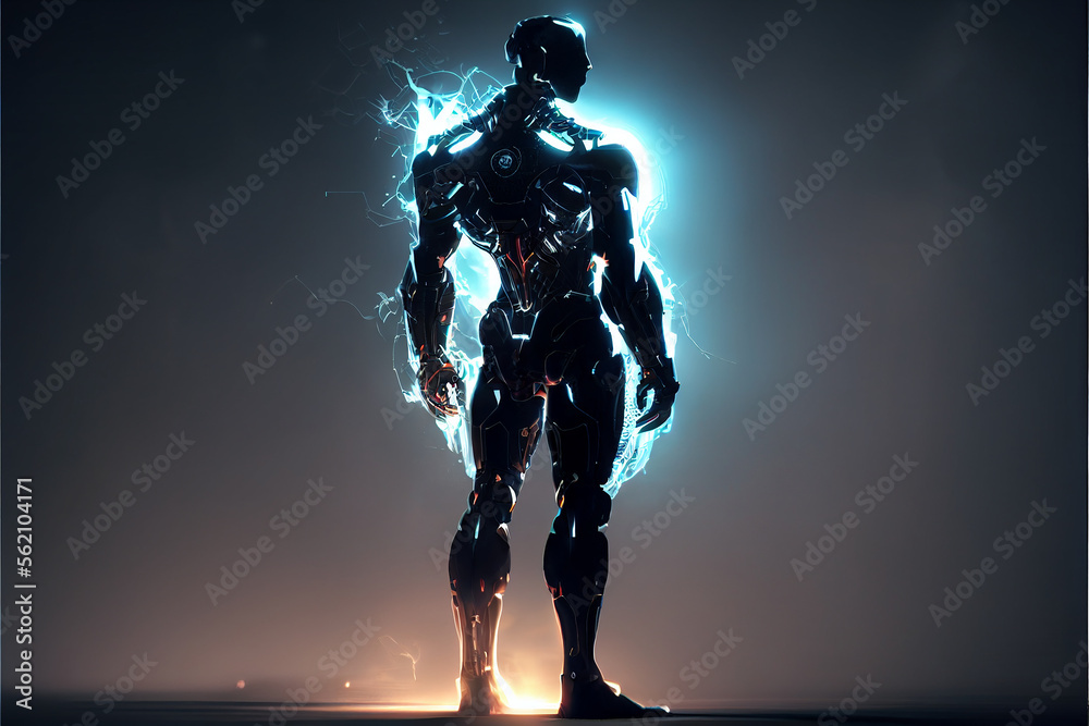 Back view of a humanoid cyber man with a neural network thinks ...
