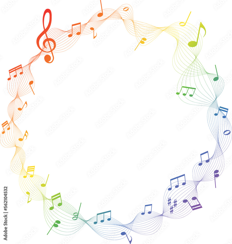 vector illustration of rainbow colored sheet music circle frame ...