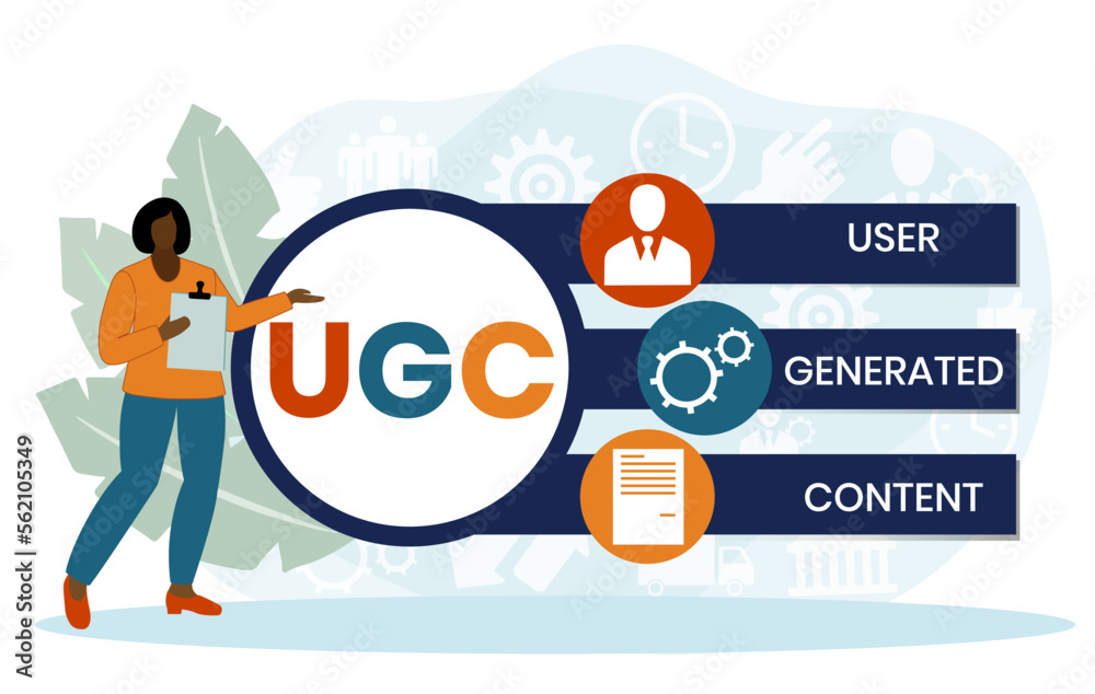 UGC. User-generated Content acronym. lettering illustration with icons for web banner, flyer ...