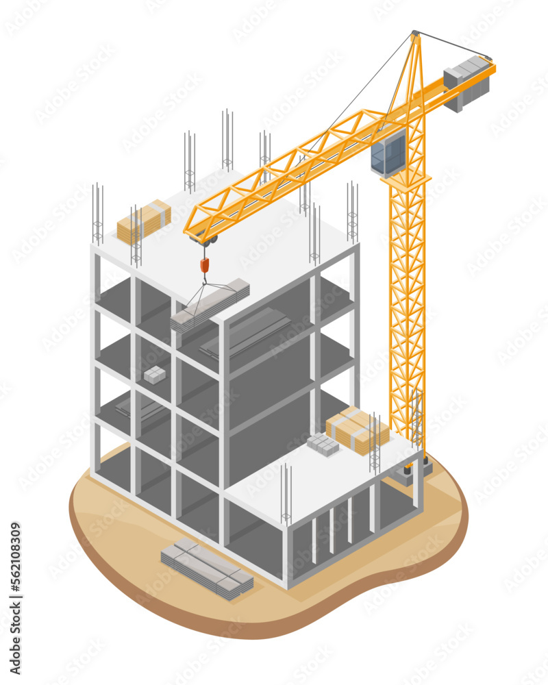 Simple Building Under Construction site and Hammerhead Tower Crane heavy-duty lifting system ...
