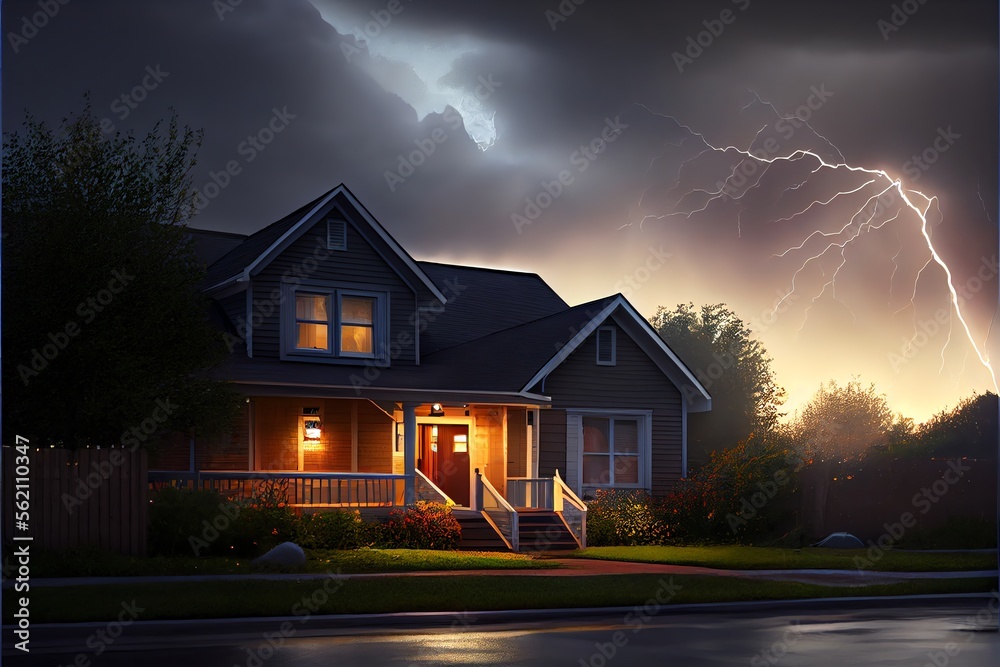 Lighting storm over a suburban house.. Generative AI Stock Illustration ...