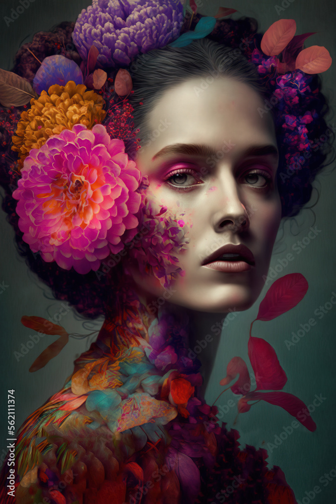 Love, beautiful woman portrait in vivid, fresh, Spring, flowers ...