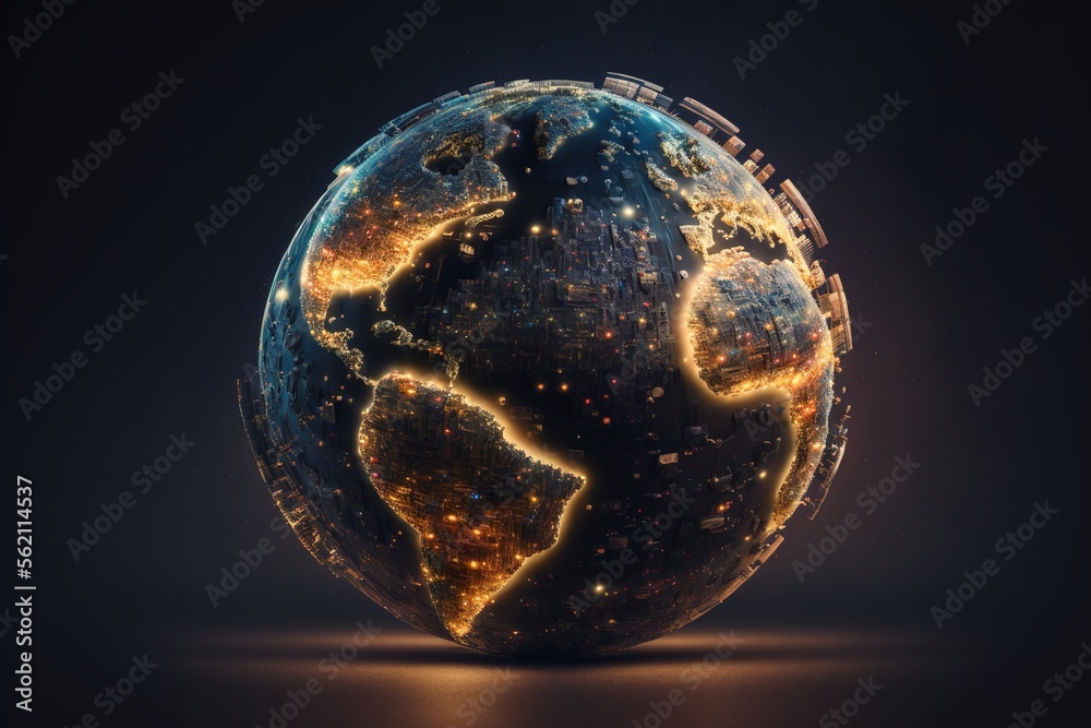 Digital dystopian globe, future, viewed from space, in the solar system ...