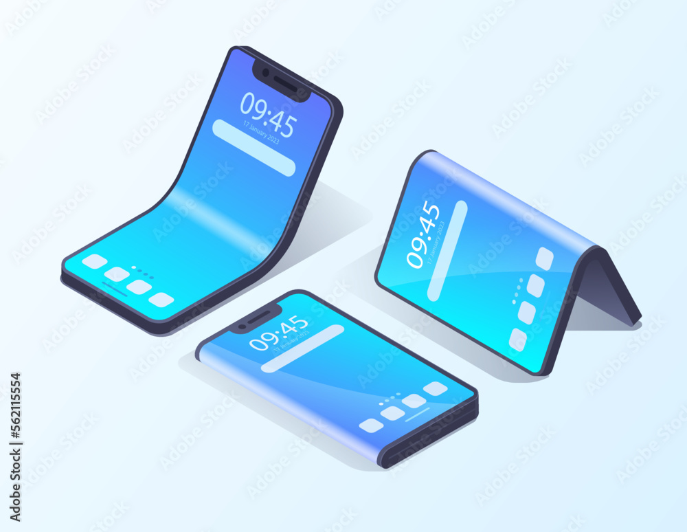 Isometric a flexible display is an electronic visual display. Set of ...