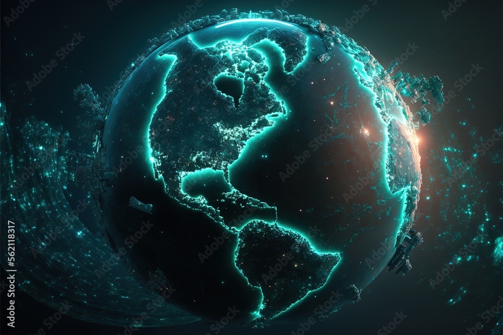 Digital dystopian globe, future, viewed from space, in the solar system ...