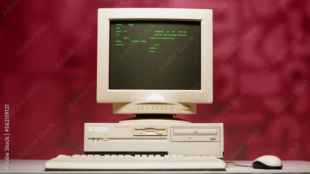 Retro pc with loading code console, programmer making scripts, green basic screen, Old computer ...