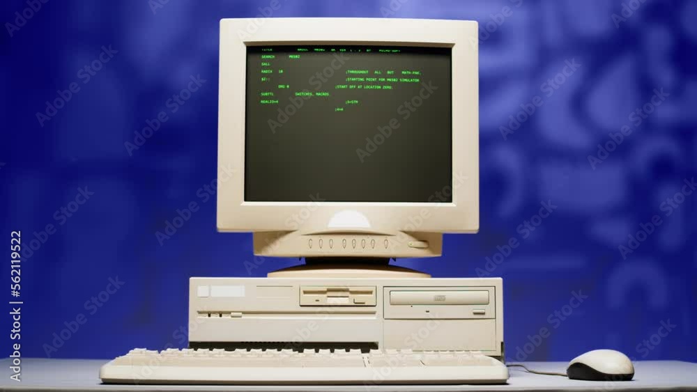 Retro pc with loading code console, programmer making scripts, green ...