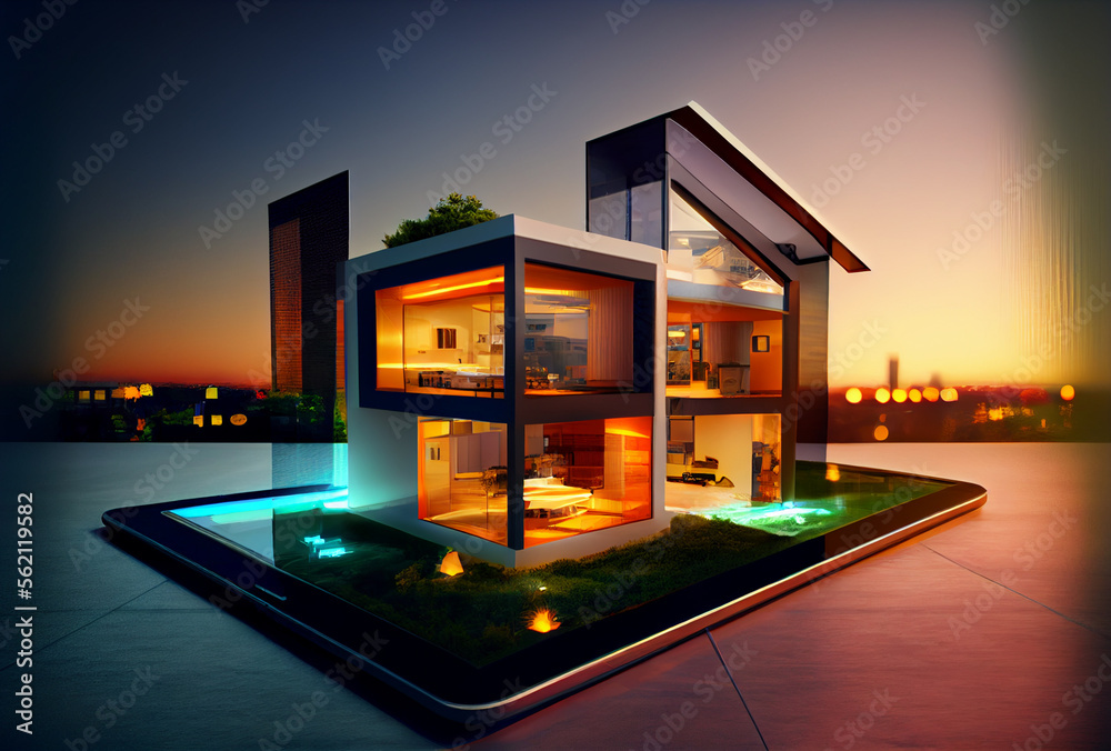 Hands holding tablet showing modern home, total blank project ...