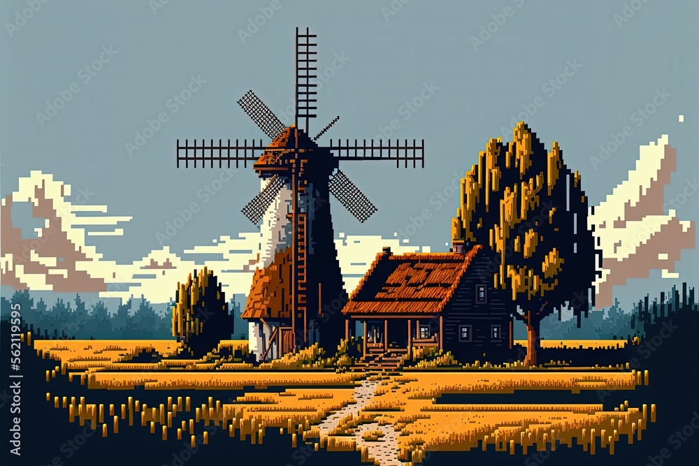Pixel art wheat farm with mill and house, background in retro style for ...