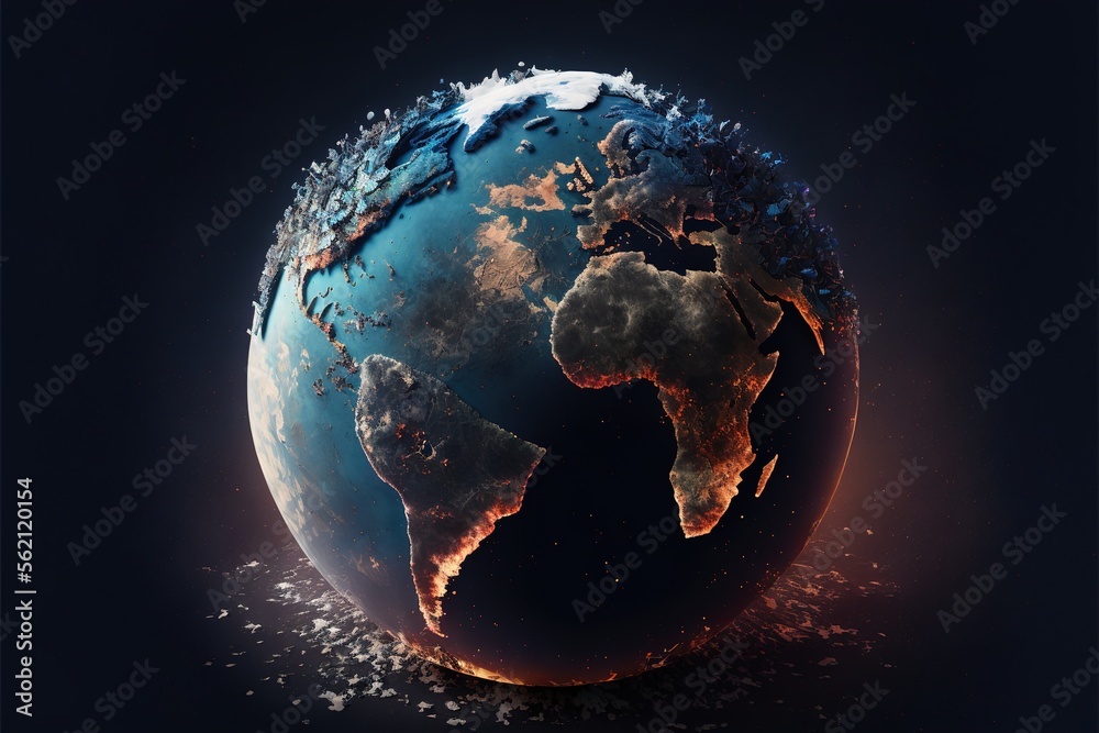 Digital dystopian globe, future, viewed from space, in the solar system ...