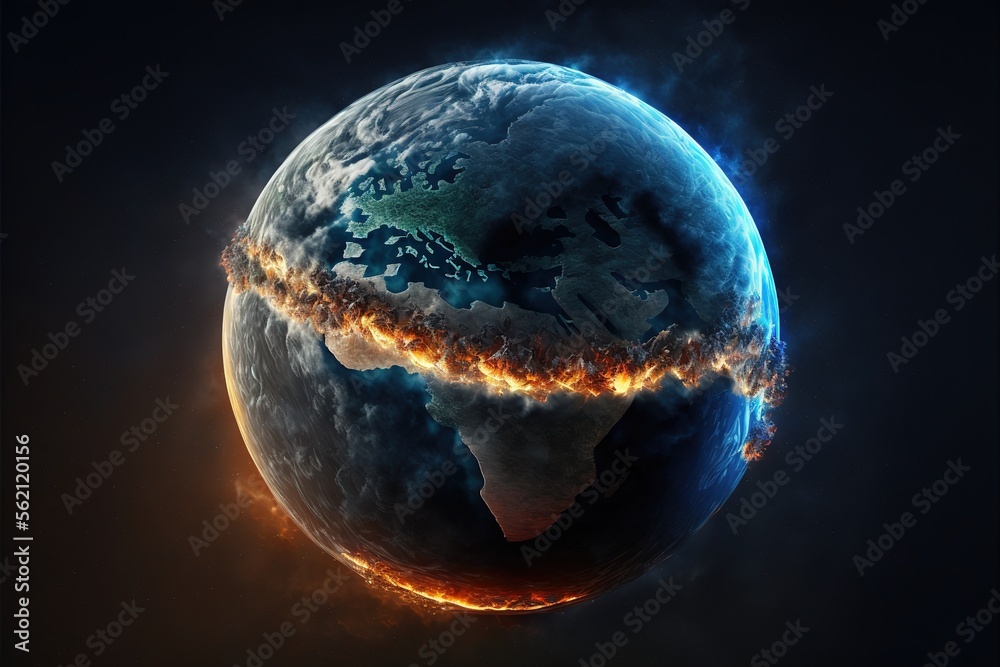 Digital dystopian globe, future, viewed from space, in the solar system ...