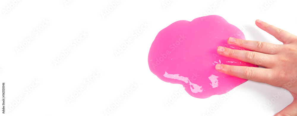 Hand Playing with textured slime on white background. Teen hand holding ...