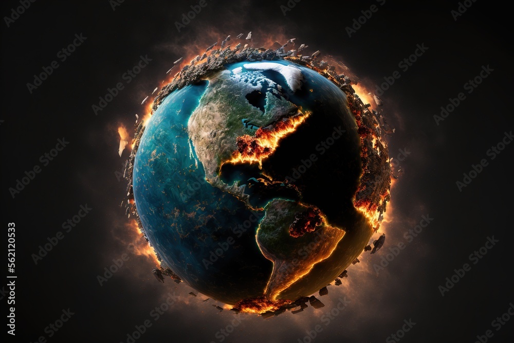 Digital dystopian globe, future, viewed from space, in the solar system ...