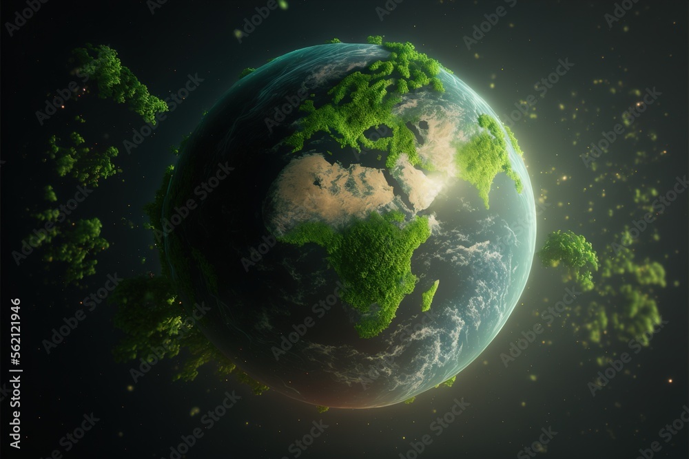 Digital green futuristic globe, viewed from space, in the solar system ...