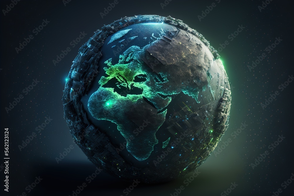 Digital dystopian globe, future, viewed from space, in the solar system ...