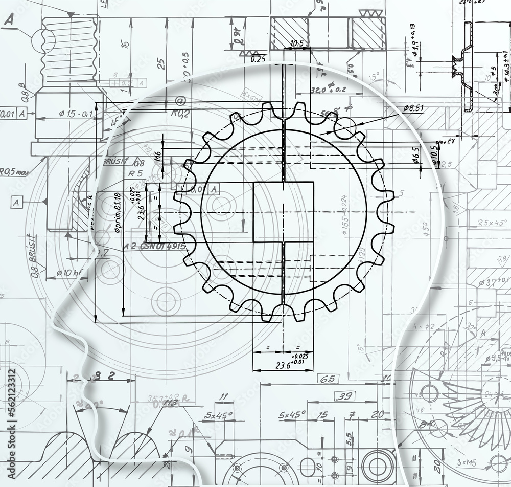 human head outline with technical drawings background / illustration ...
