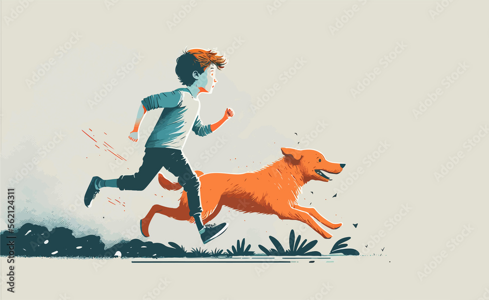 Cartoon boy and dog run free and wild together in the morning. Digital ...