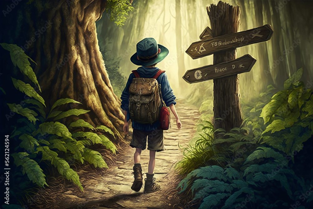 Young boy forest trail adventure created with Generative AI Stock Illustration | Adobe Stock
