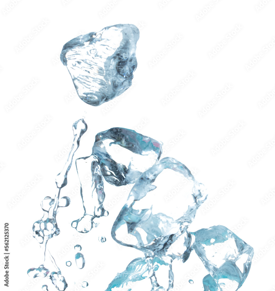 Ice Cubes explosion flying, crystal clear ice wave floating, fall down ...