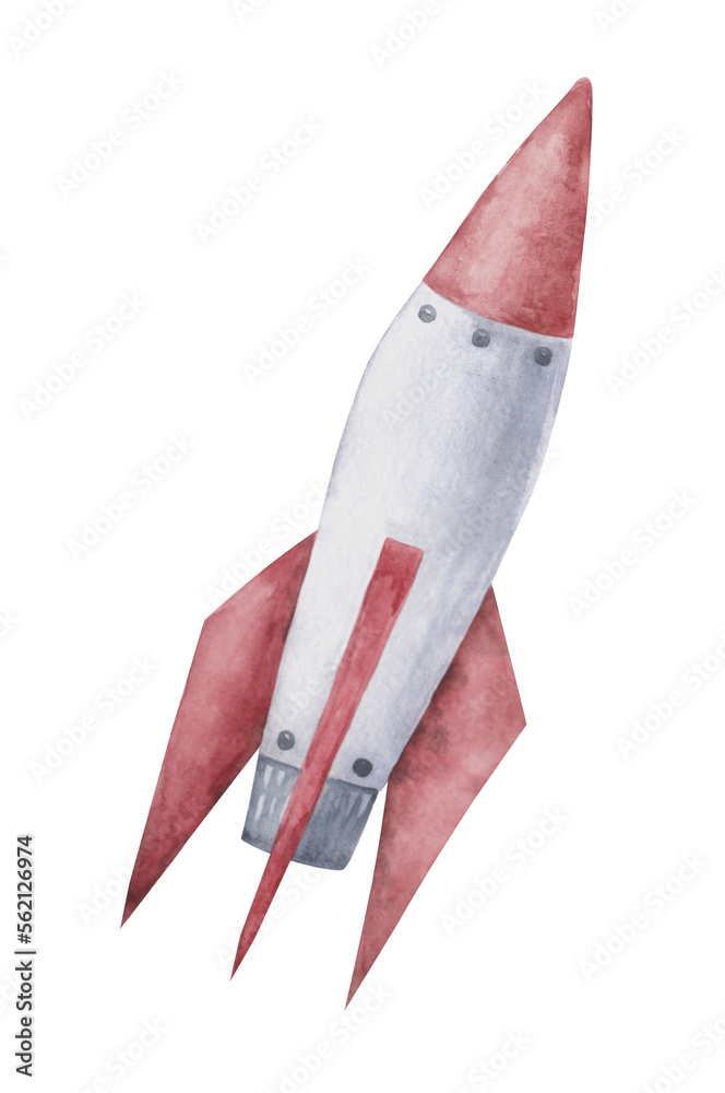 Watercolor illustration of space flying rocket isolated on white ...