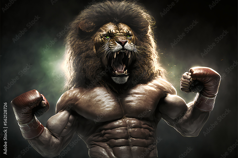 lion UFC fighter in the ring in boxing gloves rejoices generated ai ...