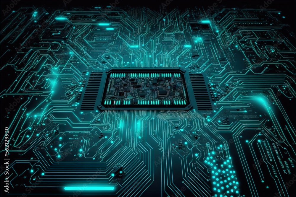 a computer chip on a printed circuit board with blue lights and a black ...
