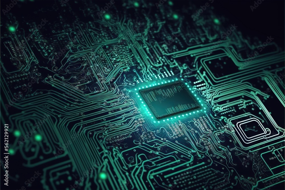 a computer chip with a green light on it's side, on a circuit board ...