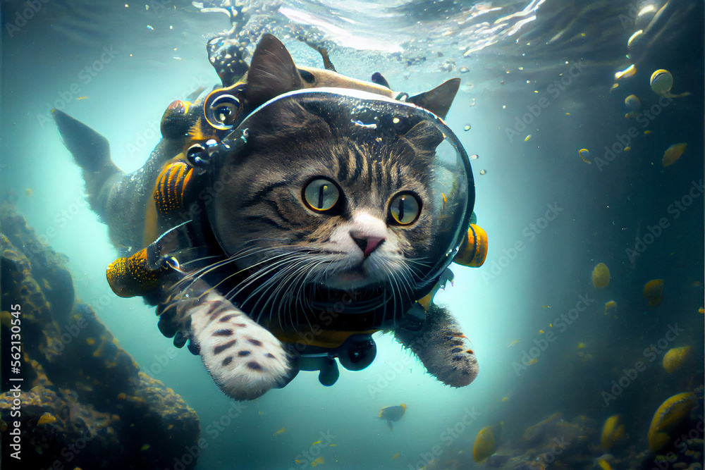 The cat is snorkeling. Cat in a mask for swimming under water. AI ...