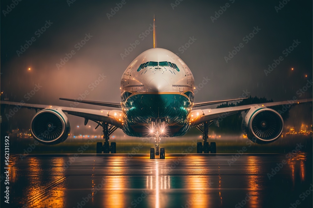 a large jetliner sitting on top of an airport runway at night with ...