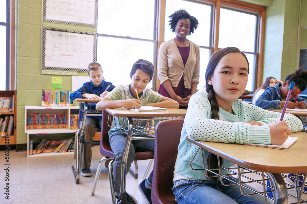 Learning, kids and student portrait in classroom with notebook for ...
