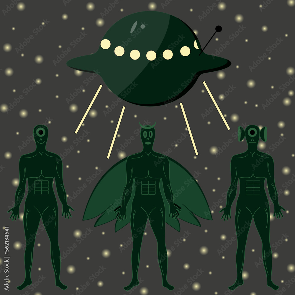 Aliens descend from spacecraft to earth. UFO in the night starry sky ...