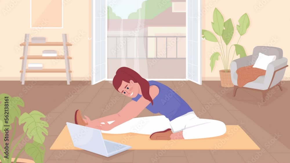 Animated exercising at home. Lady doing stretching with video lesson ...