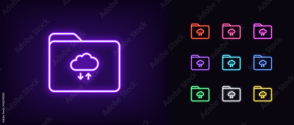 Outline neon file folder icon set. Glowing neon folder frame with cloud data update arrows ...