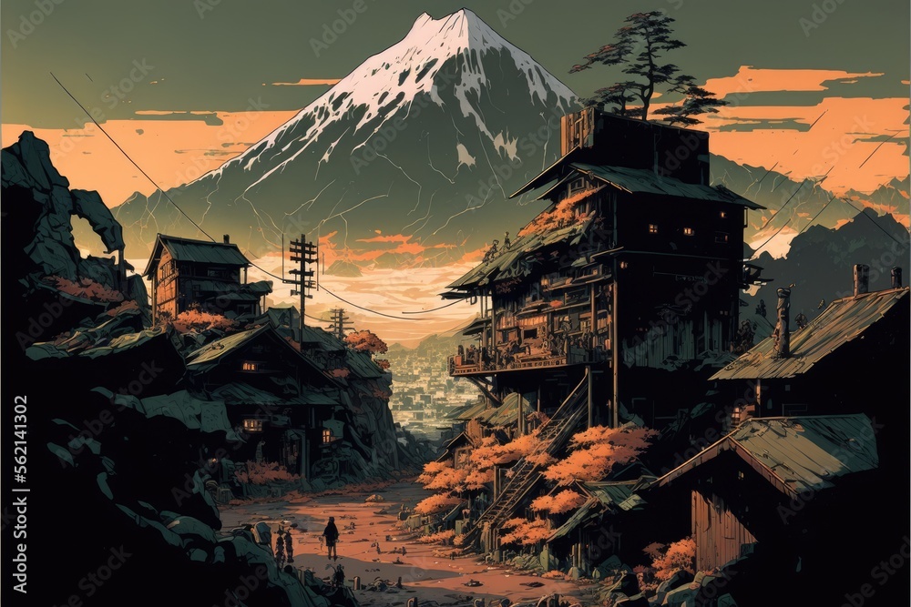 ukiyo e style, post-apocalyptic mountain village, city skyline in the ...