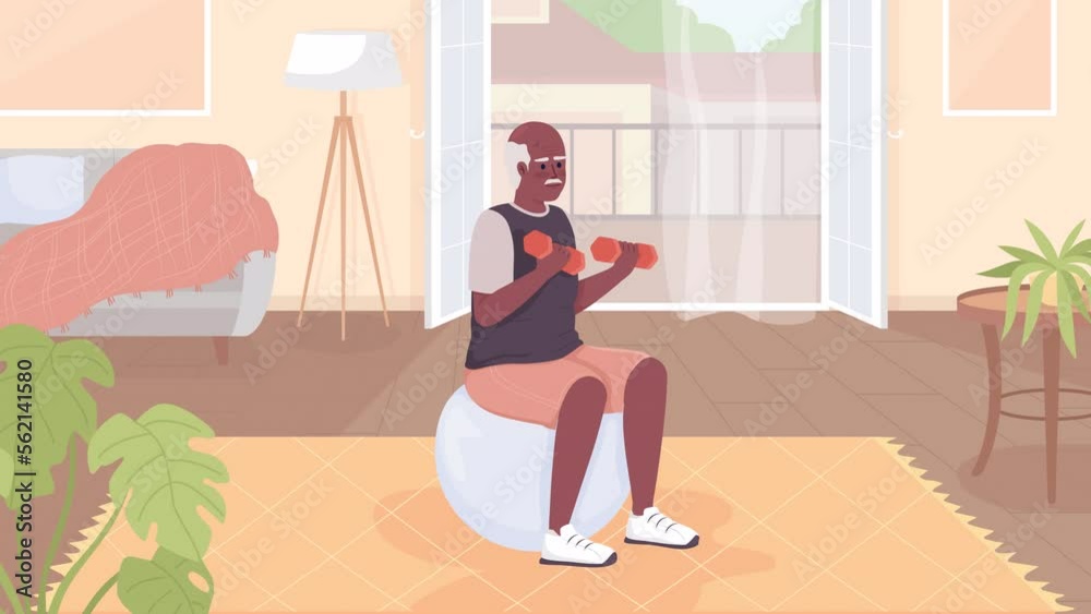 Animated home workout for senior. Old man training with dumbbells and ...