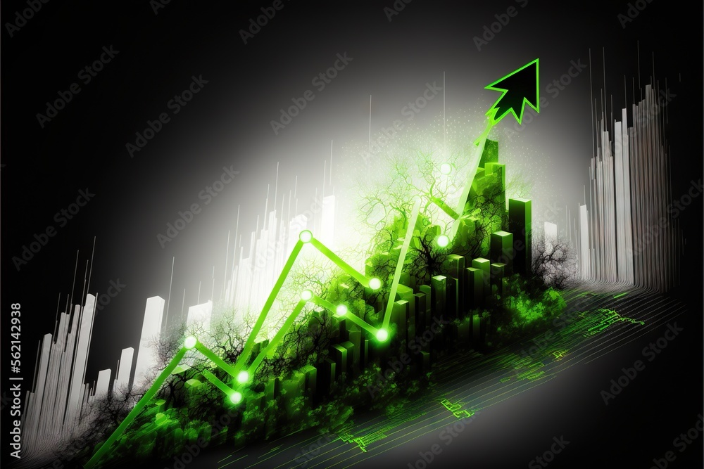 a green arrow pointing up a green graph bar chart with buildings in the ...