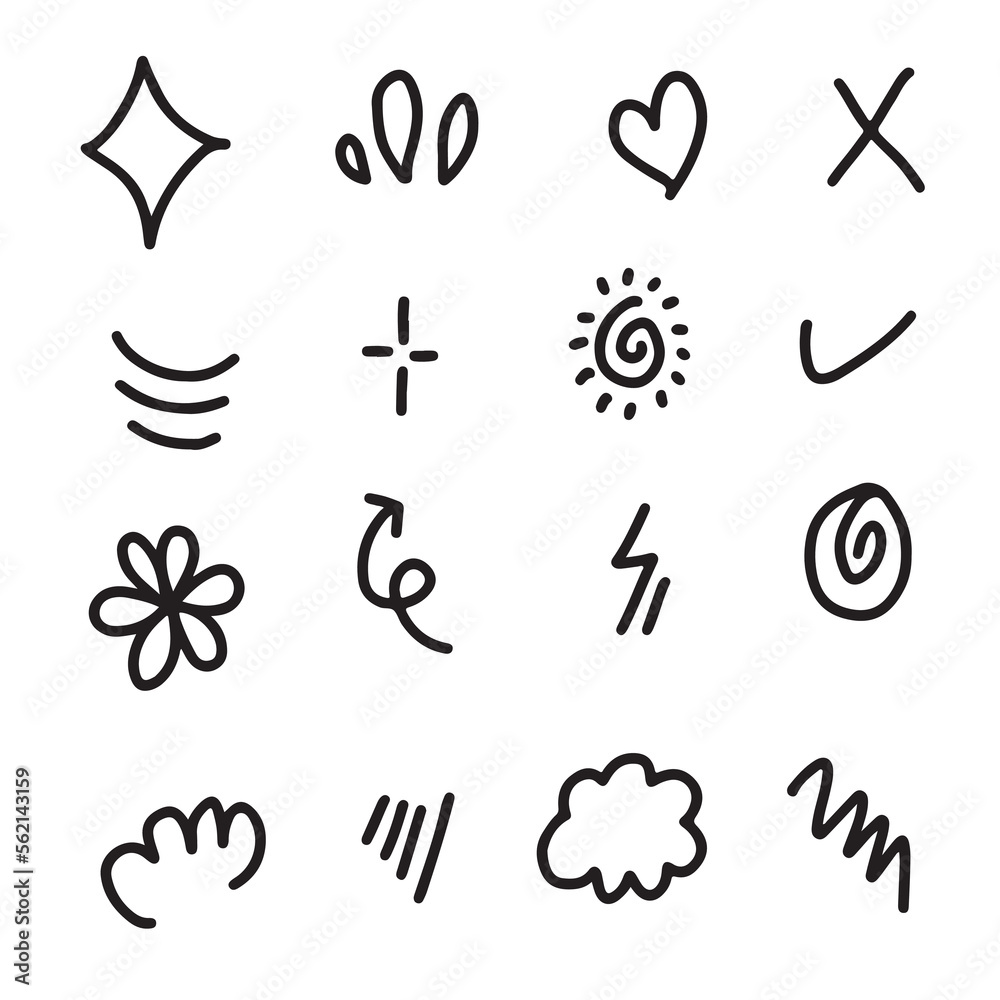 Set of cute hand drawn line scribble expression signs.emoticon effects ...