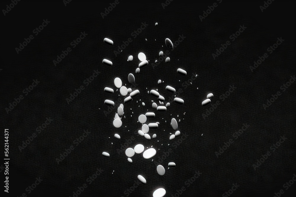 a bunch of white pills falling from a bottle into the air on a black ...