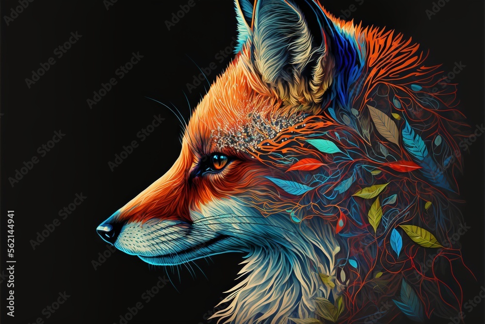 a painting of a fox with a black background and a colorful pattern on ...