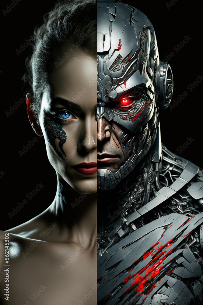 Generative ai futuristic man becoming cyberpunk cyborg warrior. Stock ...
