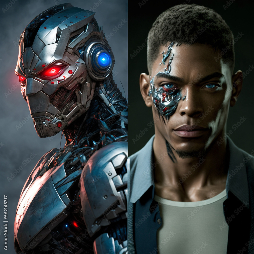 Generative ai futuristic man becoming cyberpunk cyborg warrior. Stock ...