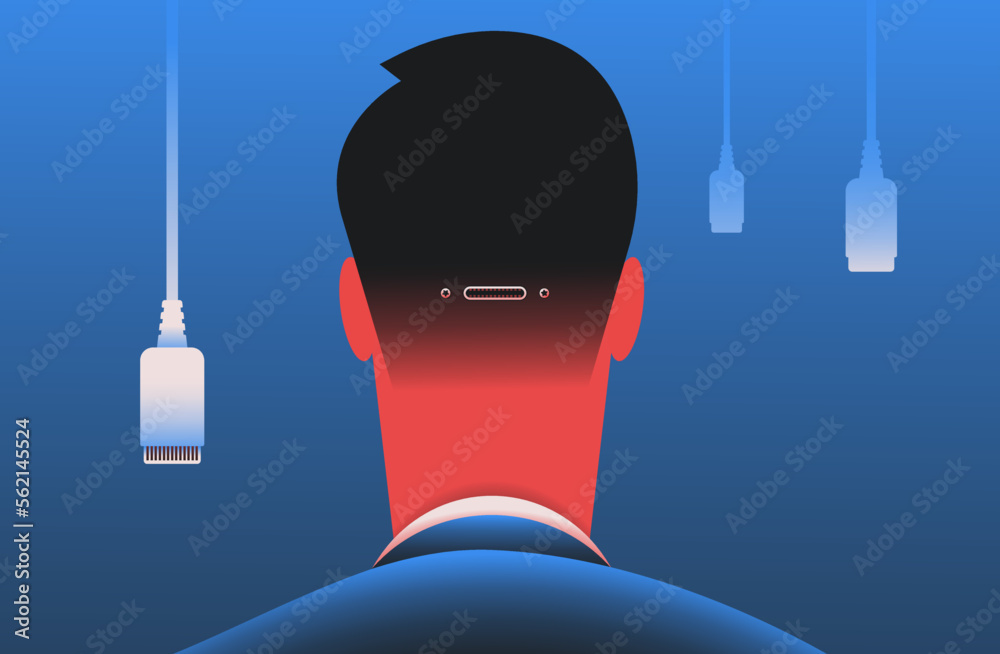 Charging socket in human head. Gadget addiction and inhumanity concept ...