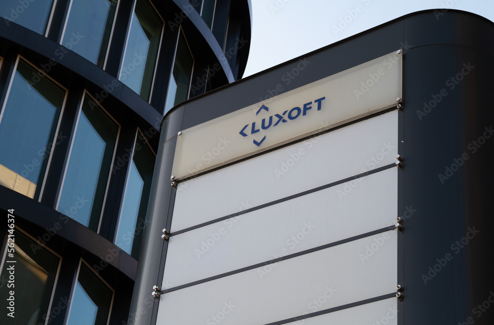 Luxoft logo sign, pylon signboard with corporation brand logotype on ...