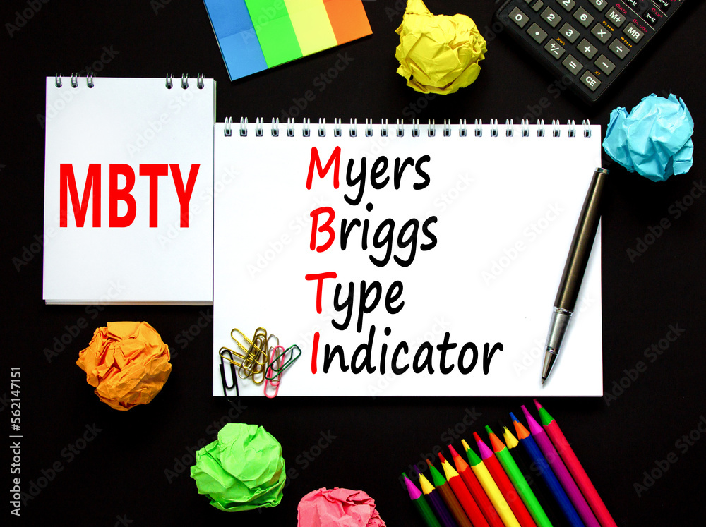 MBTI Myers Briggs type indicator symbol. Concept words MBTI Myers Briggs type indicator on white ...